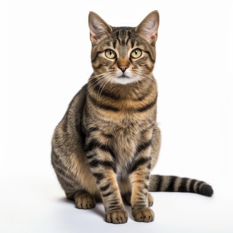 A Striped Cat Sitting on a White Surface Stock Photo - Illustration of ...