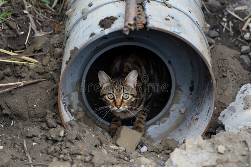 Striped Cat Sneaking through a Partially Built Drainage Pipe Stock ...