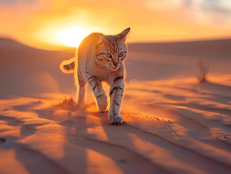 A Striped Cat Walking Alone in the Golden Desert at Sunset Stock ...