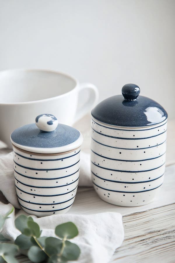 Striped ceramic containers stock photo. Image of light - 358077110