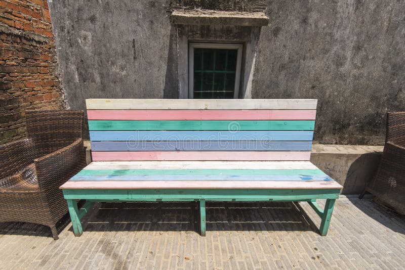 Striped Colored Wooden Bench Stock Image - Image of house, lifestyle ...