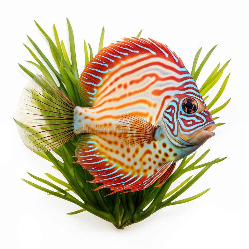 Striped Discus Fish with Colorful Patterns and Green Plants in ...