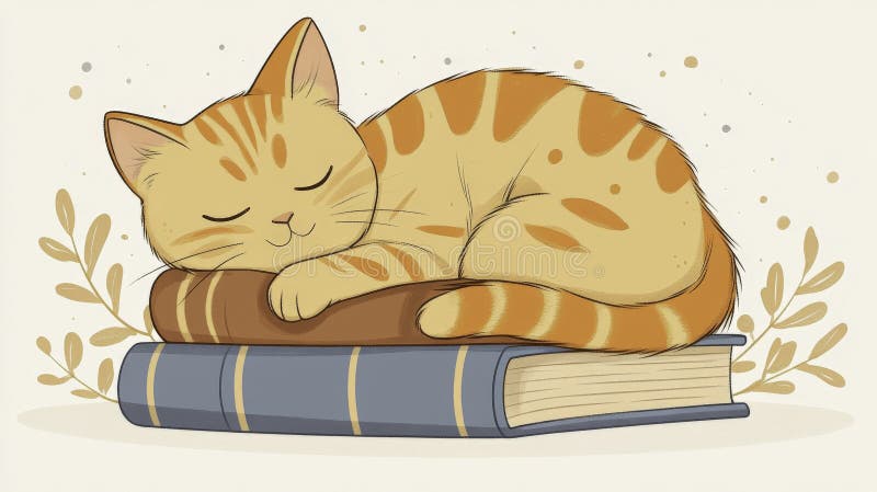 Striped Ginger Cat Peacefully Dozes on a Stack of Two Books Stock ...