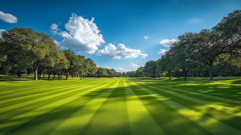 Striped Green Lawn Under Blue Sky with Lush Trees Stock Illustration ...