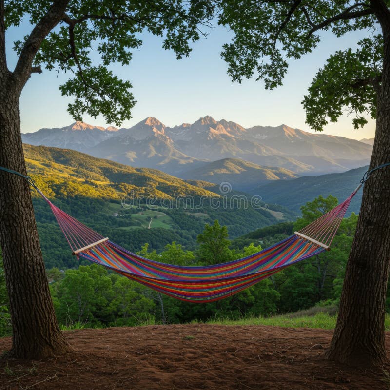 Striped Hammock between Trees Mountain View Stock Illustration ...