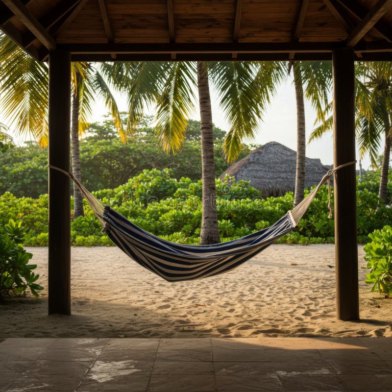Striped Hammock Underneath Wooden Beach Structure Stock Illustration - Illustration of getaway ...