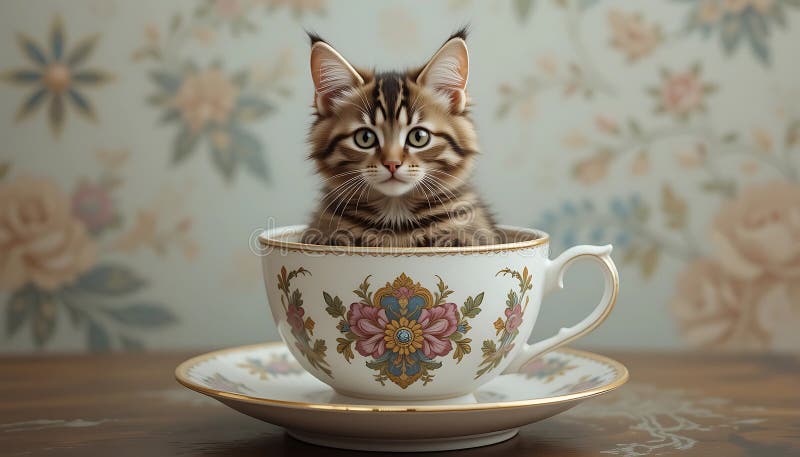 Striped Kitten Sitting Comfortably Inside of a Floral Teacup Looking ...