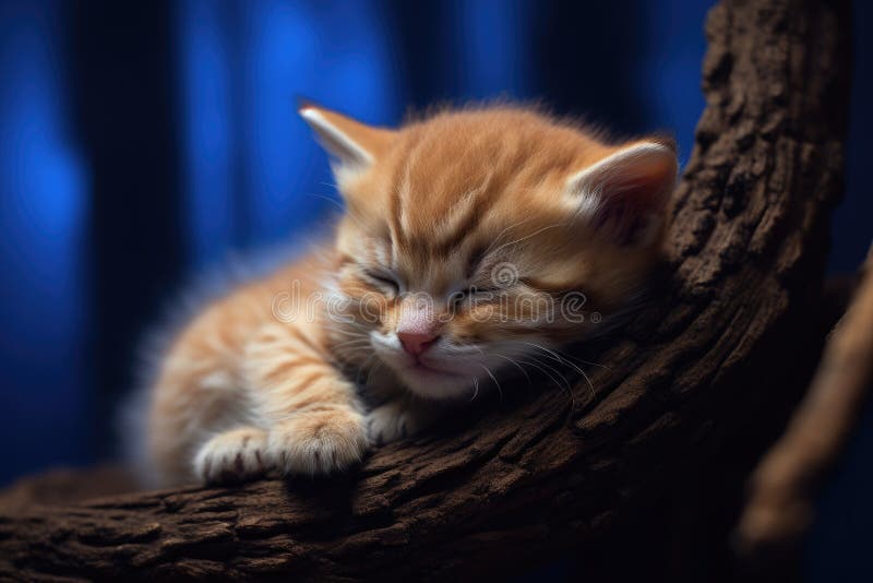 Striped Kitten Sleep on Tree Branch Stock Illustration - Illustration ...