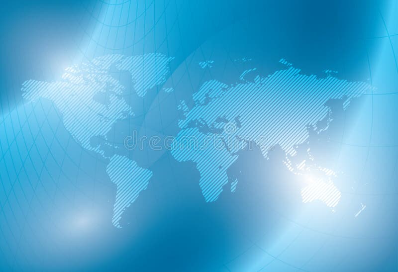 Striped Light Blue World Map on Blue Vector Background with Grid Stock ...