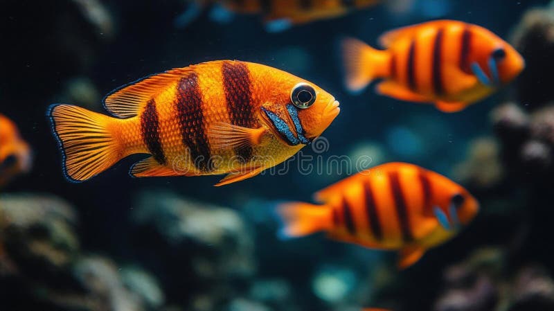 Striped Orange Fish Schooling in Dark Blue Aquarium Stock Image - Image ...