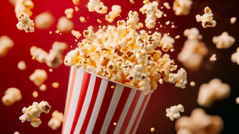 A Striped Popcorn Container Overflows with Fluffy Popcorn, Creating a ...