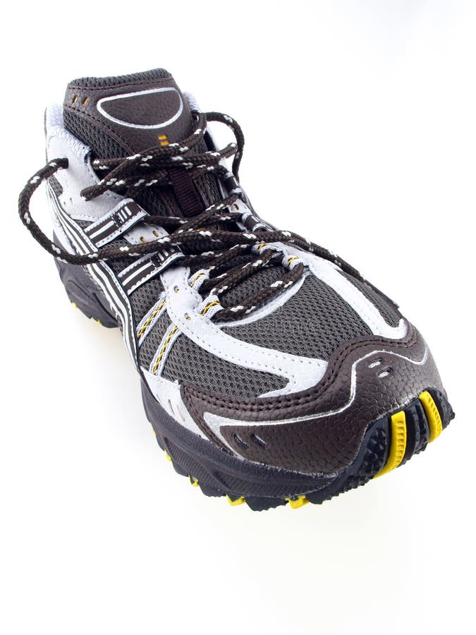 Striped Running Shoe on White Front View Stock Photo - Image of ...