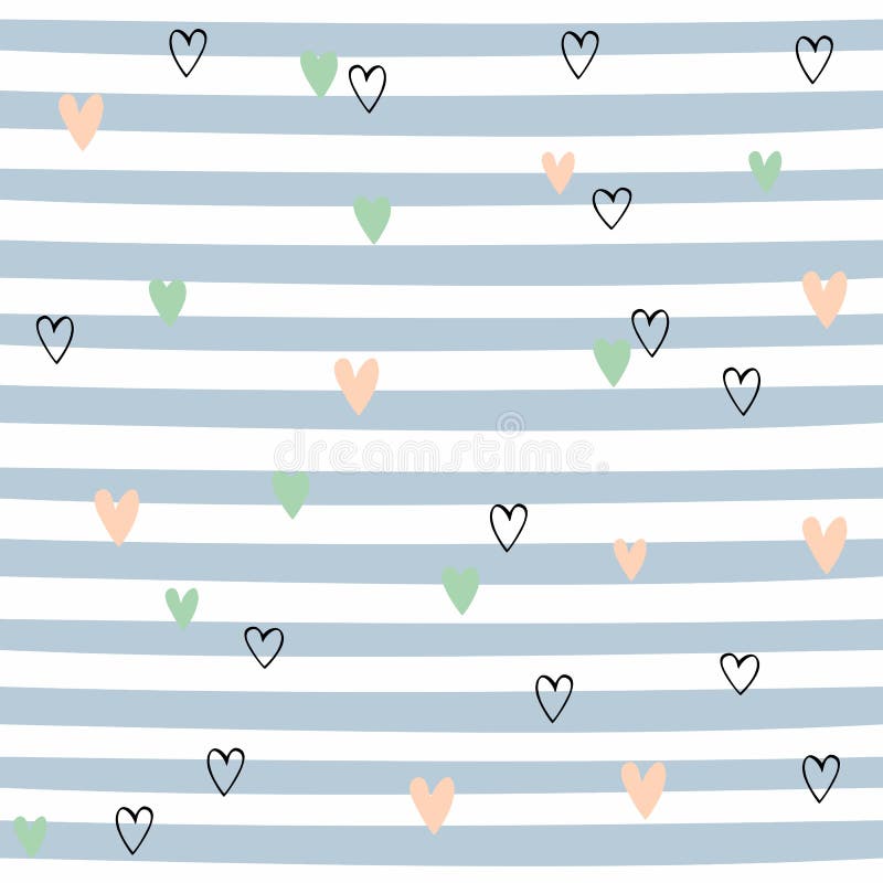 Striped Seamless Pattern with Hearts. Cute Pattern with Blue Stripes ...