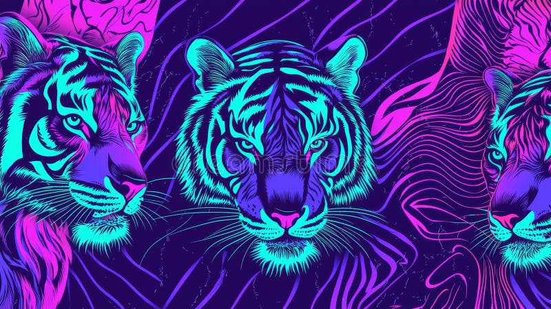 Striped Seamless Pattern in Pink, Blue, and Black with Neon Tigers ...