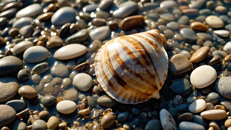 Striped Seashell on Smooth Sea Pebbles in Shallow Water Stock ...