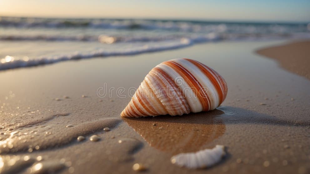 Striped Seashell on Wet Sand by Ocean Shore. Stock Illustration ...