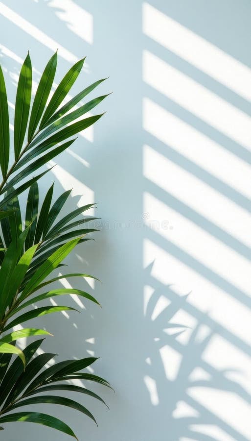 Striped Shadow Pattern on Bright White Wall Palm Leaves in Background ...