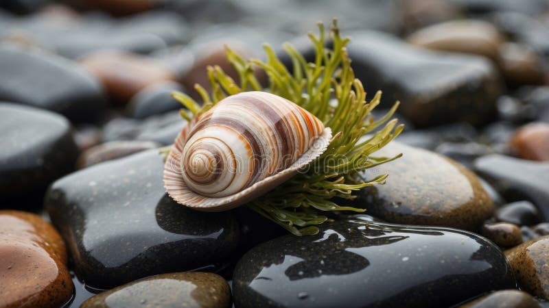 Striped Shell and Seaweed on Wet Rocks by Shore. Stock Illustration ...