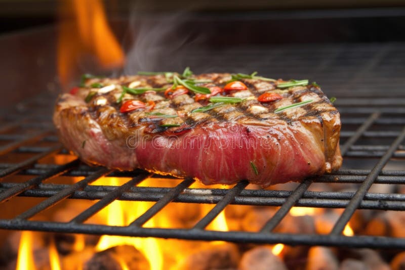 Striped Sirloin Steak on a Wire Rack Over Fire Stock Photo - Image of ...