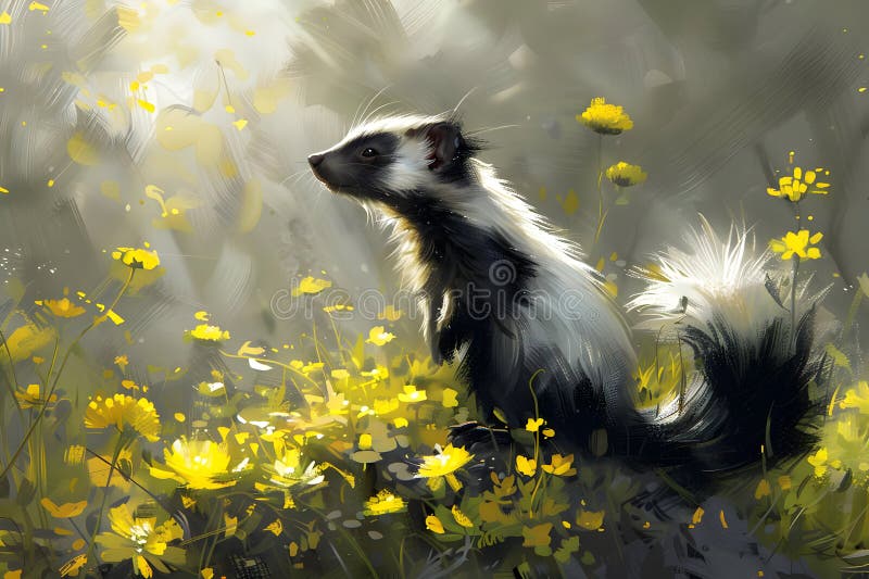 Striped Skunk Amidst Yellow Flowers in Sunlight Stock Illustration ...