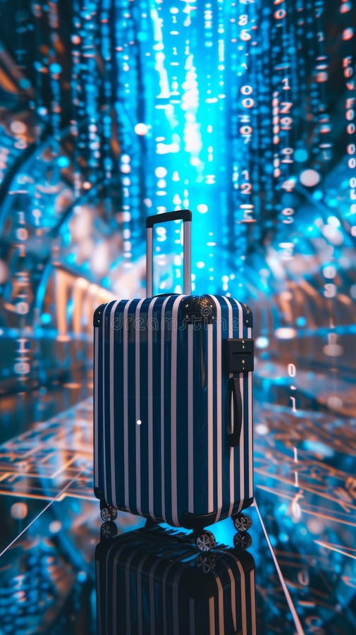 Striped Suitcase in a Glowing Digital Landscape with Futuristic Lights ...