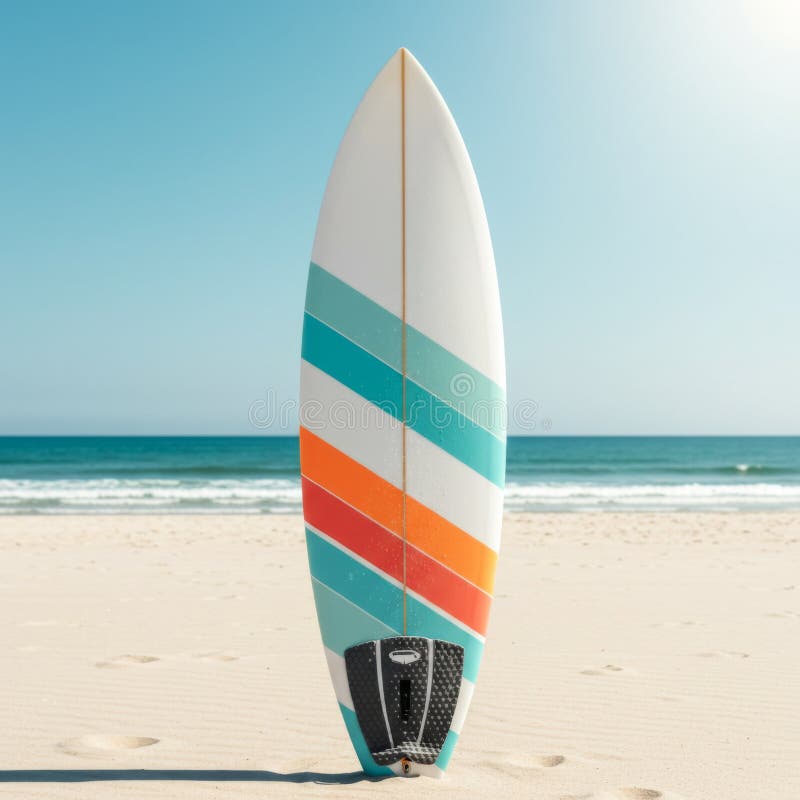 Striped Surfboard on Sandy Beach Under Sunny Sky Stock Photo - Image of ...