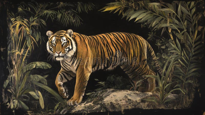 Striped Tiger in Dark Jungle Setting Stock Illustration - Illustration ...