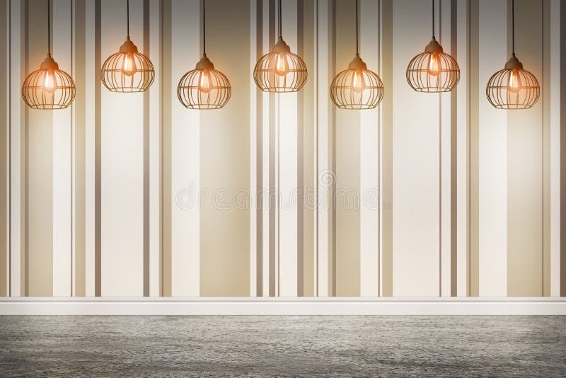 Wallpaper and Glowing Hanging Lamps in Room Stock Photo - Image of ...