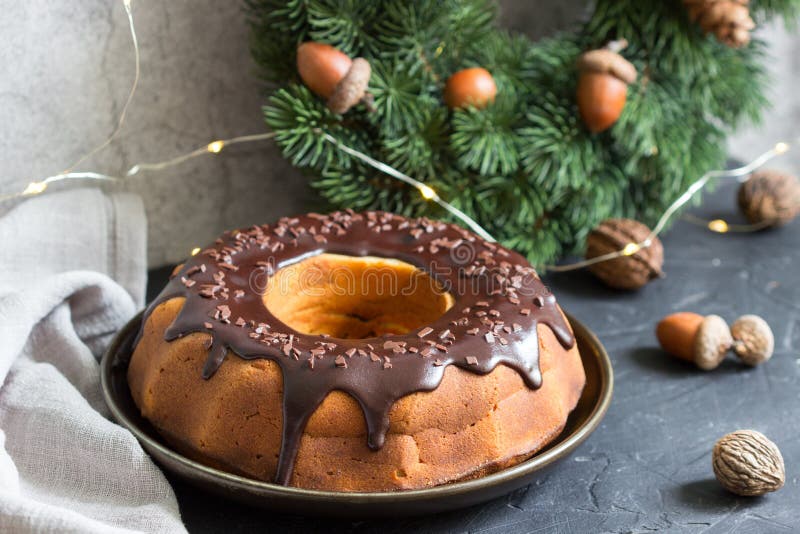 Striped Zebra Pie, Spruce Wreath and Garland on Concrete Background ...