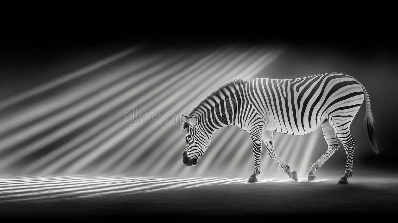 Striped Zebra Walking in Soft Light with Dramatic Shadows in a ...