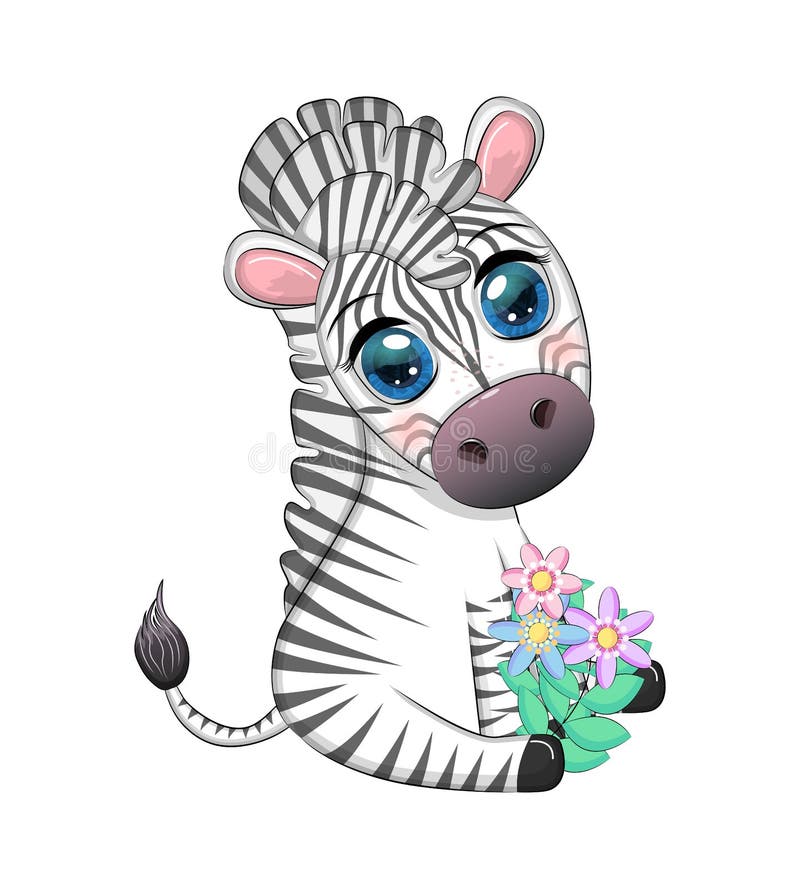 Striped Zebra in a Wreath of Flowers, with a Bouquet. Spring is Coming ...