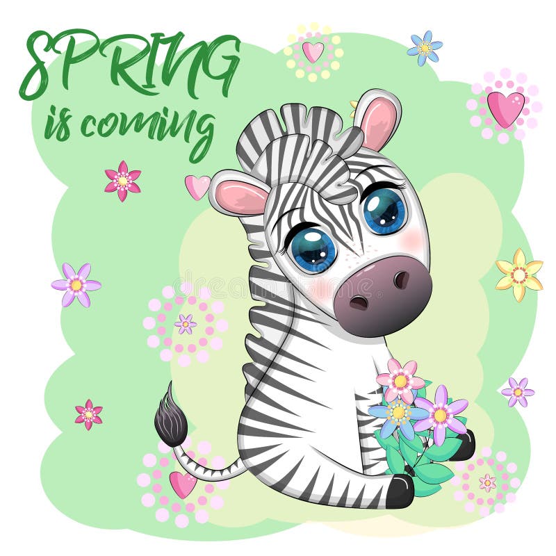 Striped Zebra in a Wreath of Flowers, with a Bouquet. Spring is Coming ...