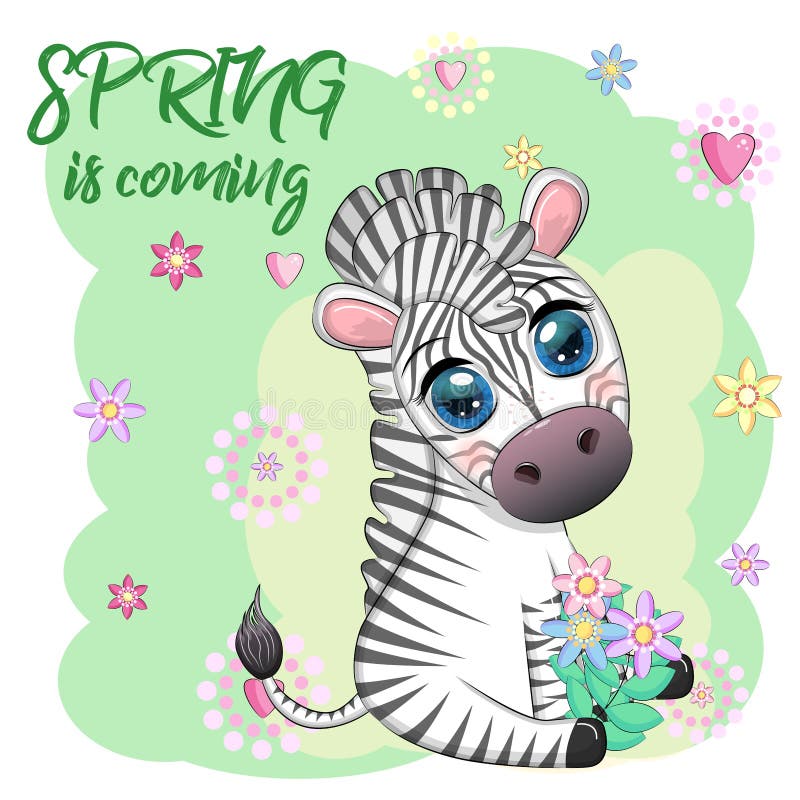 Striped Zebra in a Wreath of Flowers, with a Bouquet. Spring is Coming ...
