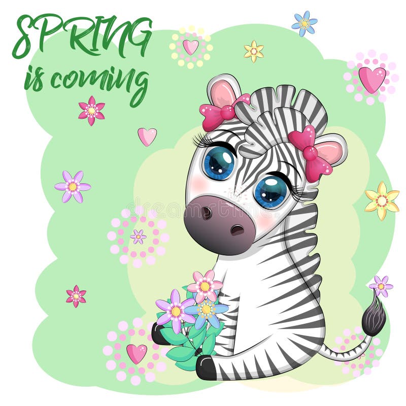 Striped Zebra in a Wreath of Flowers, with a Bouquet. Spring is Coming ...