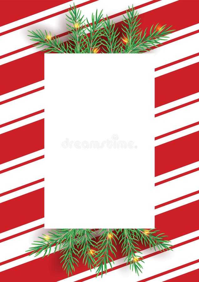 Stripes Candy Cane Pattern with Christmas Tree Green Branches. Diagonal ...