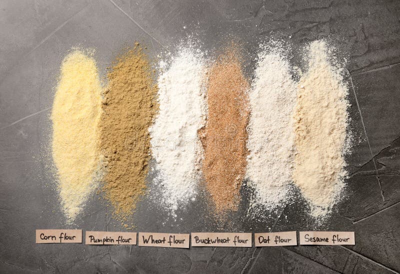 Stripes of Different Flour Types and Tags on Grey Table Stock Image ...