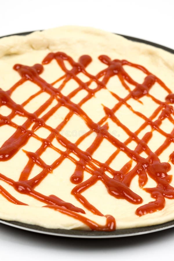 Strips of Red Ketchup on the Round Pizza Dough Stock Image - Image of ...