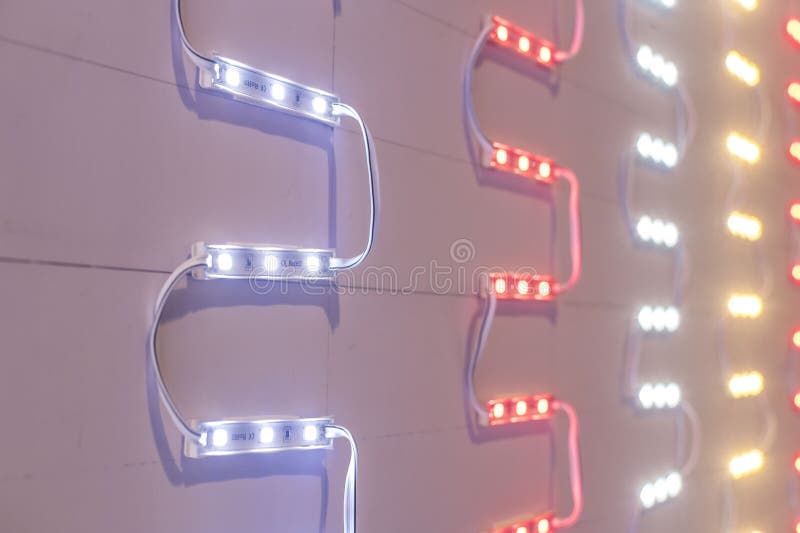 Strips of 12 Volt Poxy LED Modules Lights in Various Colors on Display ...