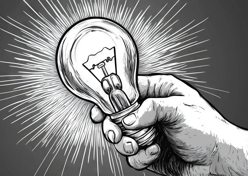 A Stroke of Genius. a Sketch Showing a Hand with a Pen Drawing a Light ...
