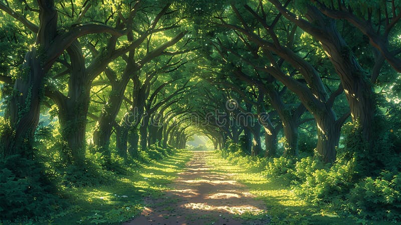 Strolling Down a Tree-lined Path in the Midst of Summer. Deep Forest ...