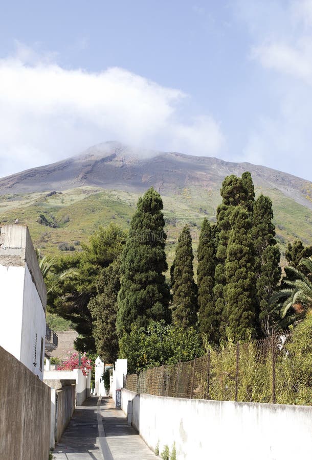 Stromboli Village and the Volcano Stock Image - Image of pavement ...
