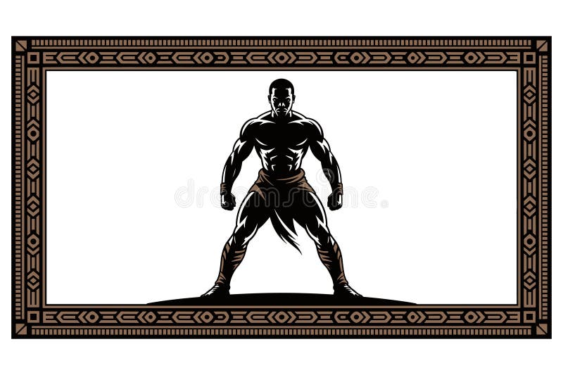 Strong African Warrior in Silhouette Pose within an Ornamental Border ...