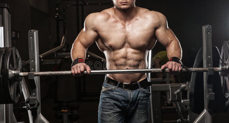 Strong Athletic Man Bodybuilderl Torso Showing Muscles in Gym Stock ...