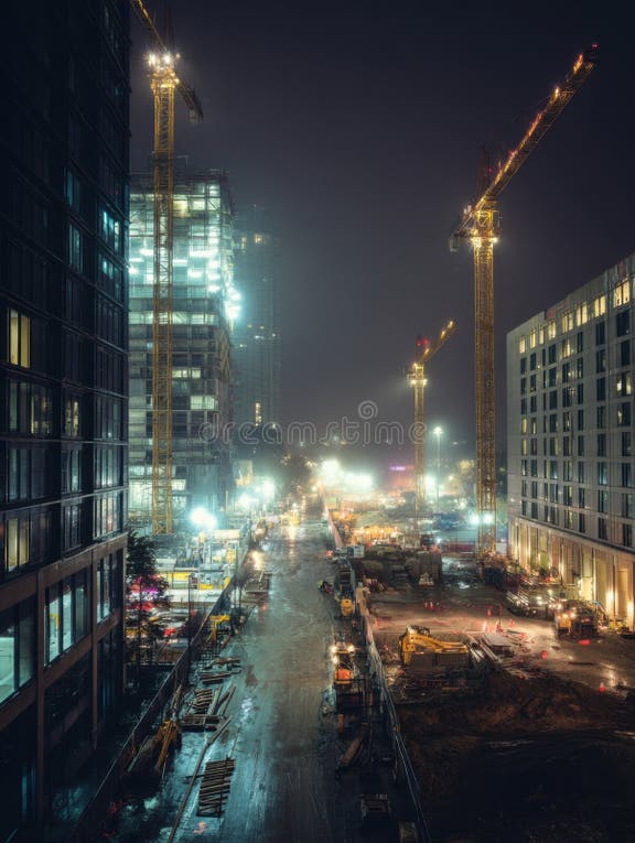 Nighttime Construction Site Illuminated by Bright Lights with Empty Right Side Showcasing ...