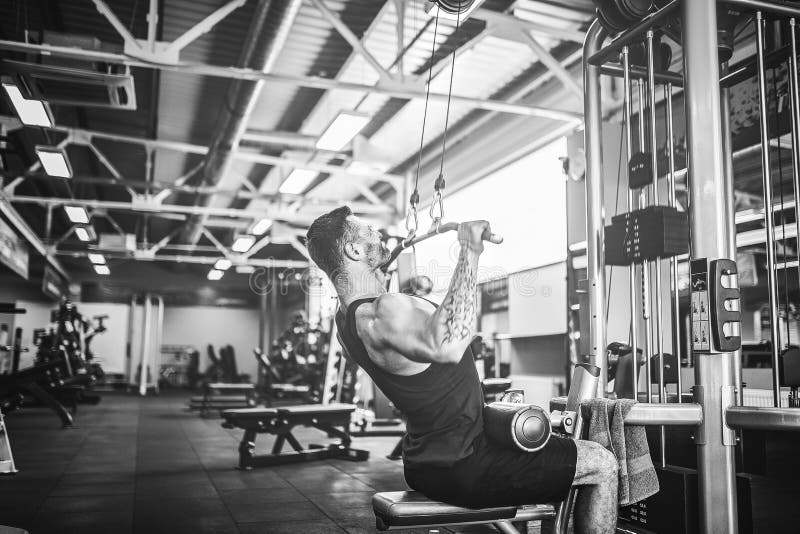 Strong Bodybuilder Doing Heavy Weight Exercise for Back on Machine ...