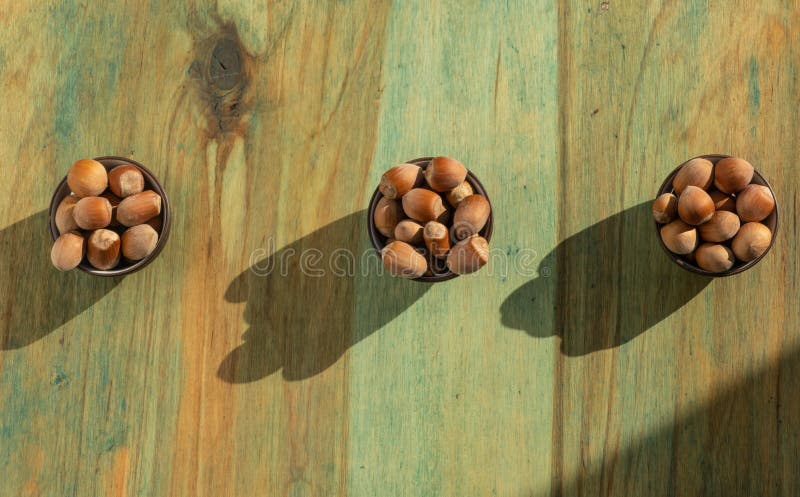 Strong Beautiful in-shell Hazelnuts in Three Ceramic Small Bowls on a ...