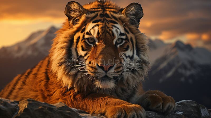 A Strong Bengal Tiger Relax on Mountain Top Selective Focus Background ...