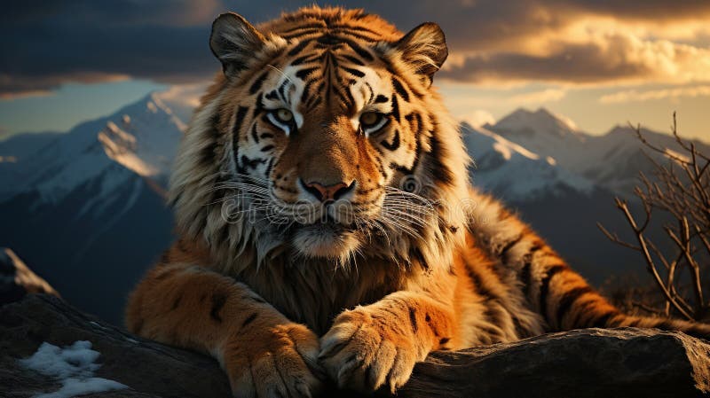 A Strong Bengal Tiger Relax on Mountain Top Selective Focus Background ...