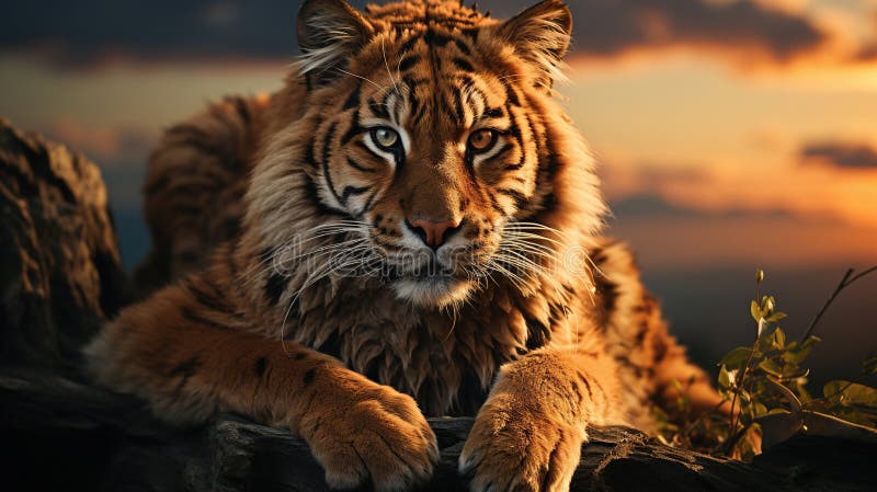 A Strong Bengal Tiger Relax on Mountain Top Selective Focus Background ...