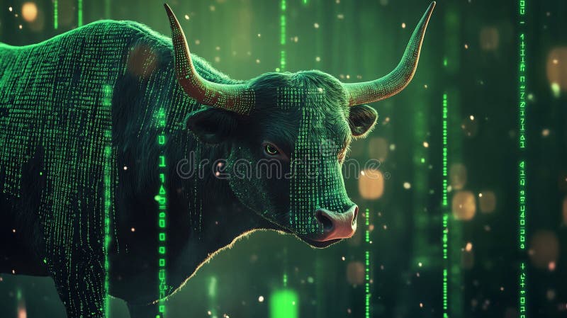 Digital Bull Surrounded by Glowing Binary Code in a Futuristic Setting ...